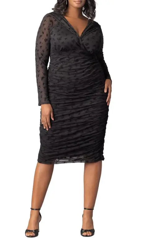 KIYONNA Betsey Ruched Elbow Sleeve Midi Bodycon Dress - Onyx Flocked Florals