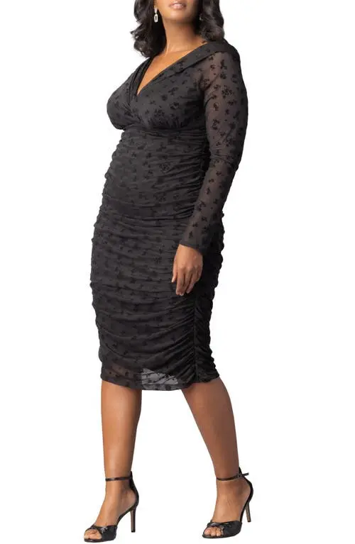 KIYONNA Betsey Ruched Elbow Sleeve Midi Bodycon Dress - Onyx Flocked Florals