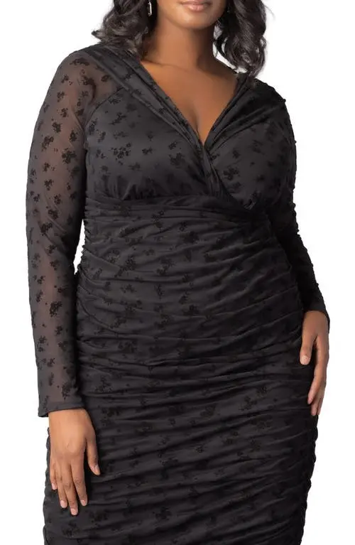 KIYONNA Betsey Ruched Elbow Sleeve Midi Bodycon Dress - Onyx Flocked Florals