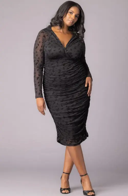 KIYONNA Betsey Ruched Elbow Sleeve Midi Bodycon Dress - Onyx Flocked Florals