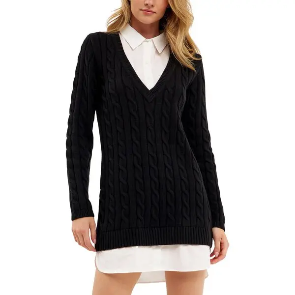 English Factory Mixed Media Cable Stitch Long Sleeve Sweater Dress - Black