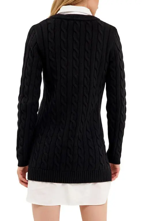 English Factory Mixed Media Cable Stitch Long Sleeve Sweater Dress - Black