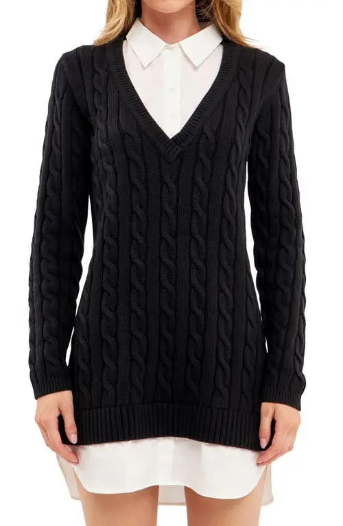 English Factory Mixed Media Cable Stitch Long Sleeve Sweater Dress - Black