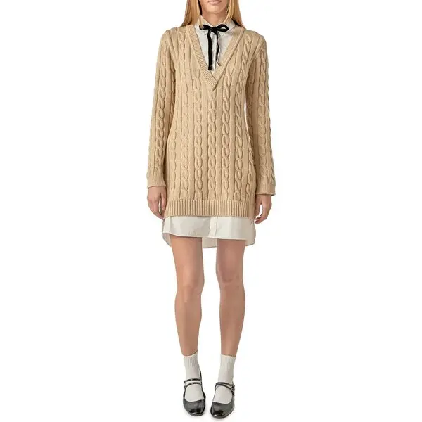 English Factory Mixed Media Cable Stitch Long Sleeve Sweater Dress - Oatmeal
