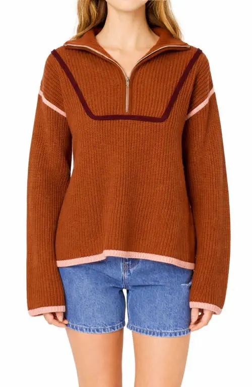 English Factory Color Accent Half-zip Pullover - Mocha Multi