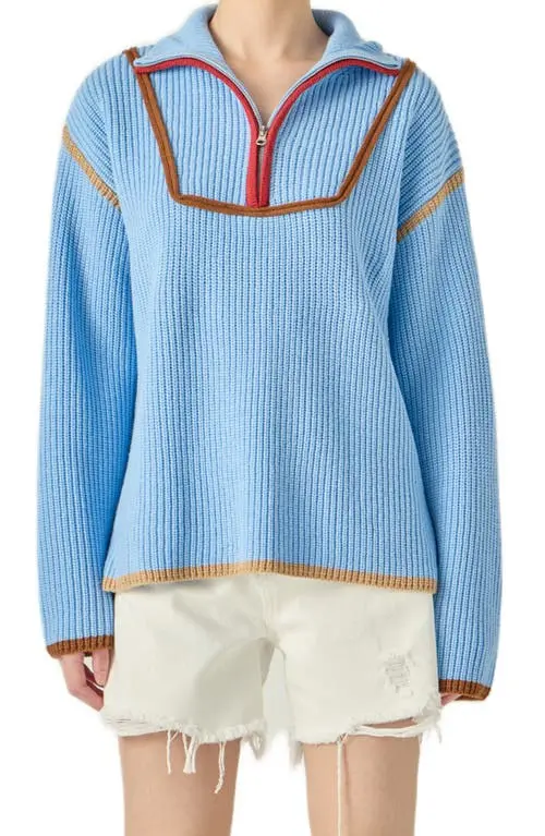 English Factory Color Accent Half-zip Pullover - Ocean Blue Multi