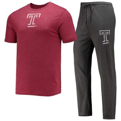 CONCEPTS SPORT Heathered Charcoal/cherry Temple Owls Meter T-shirt & Pants Sleep Set - Heather Charcoal