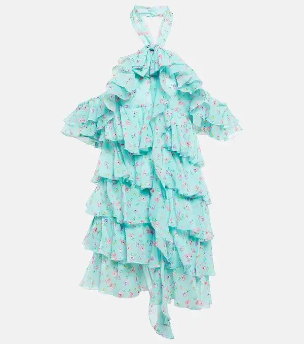 Alessandra Rich Halterneck Ruffle-detail Mini Dress - Blue