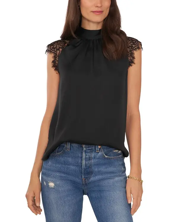 Vince Camuto Lace Cap Sleeve Blouse - Rich Black
