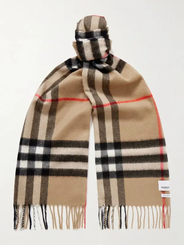 Burberry Fringed Checked Cashmere Scarf - Neutrals