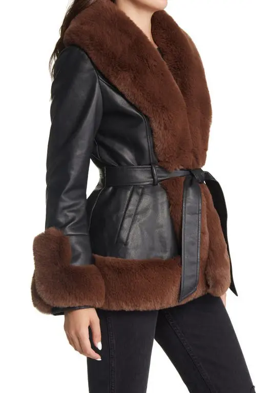 AZALEA WANG Faux Leather And Faux Fur Belted Jacket