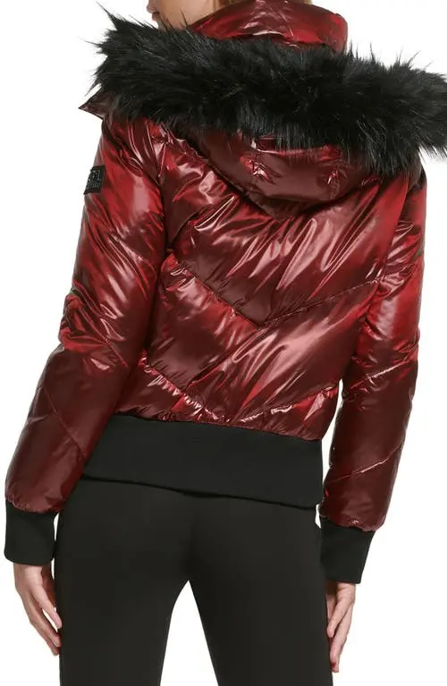 Karl Lagerfeld Paris Chevron Quilted Water Resistant Faux Fur Trim Bomber Jacket