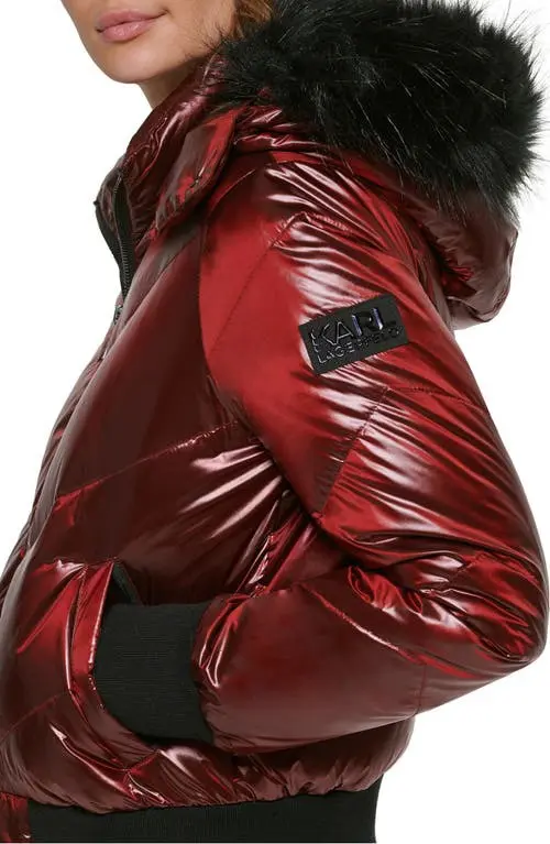 Karl Lagerfeld Paris Chevron Quilted Water Resistant Faux Fur Trim Bomber Jacket