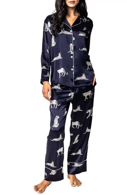 PETITE PLUME Panthre De Nuit Piped Silk Pajamas - Navy