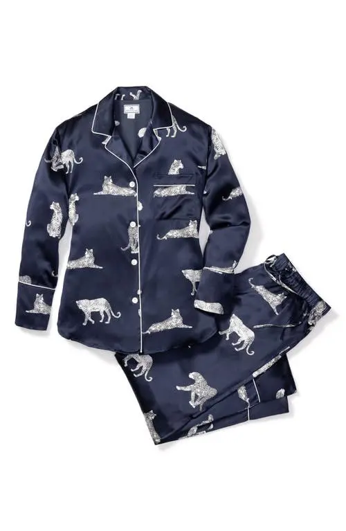 PETITE PLUME Panthre De Nuit Piped Silk Pajamas - Navy
