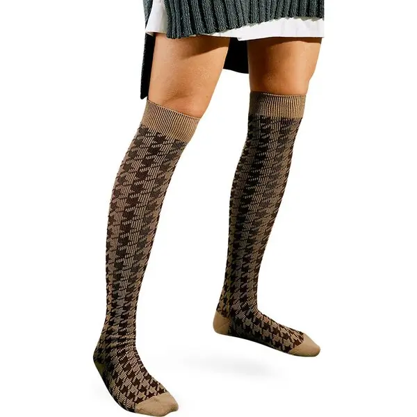 HIGH HEEL JUNGLE Houndstooth Knee High Socks - Tan