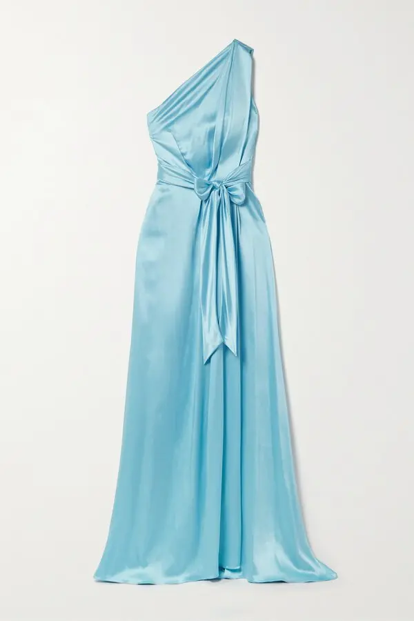Monique Lhuillier One-shoulder Belted Draped Silk-satin Gown