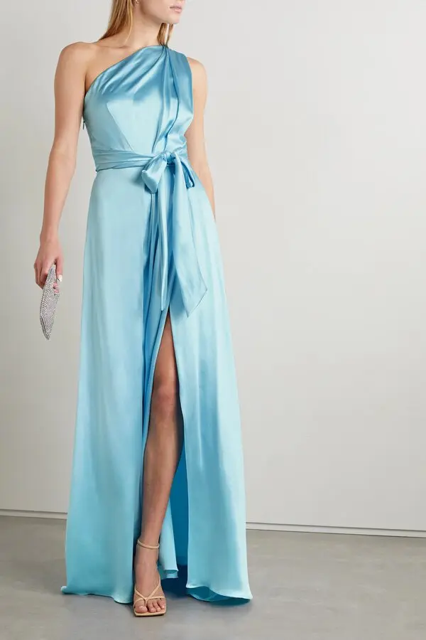 Monique Lhuillier One-shoulder Belted Draped Silk-satin Gown