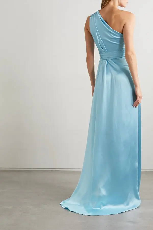 Monique Lhuillier One-shoulder Belted Draped Silk-satin Gown