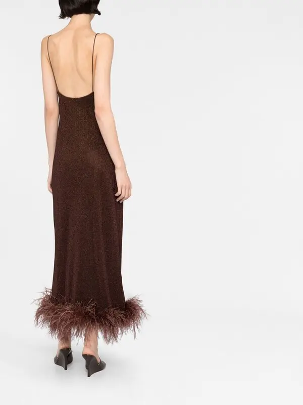 Oseree Feather-trimmed Metaic Sip Dress