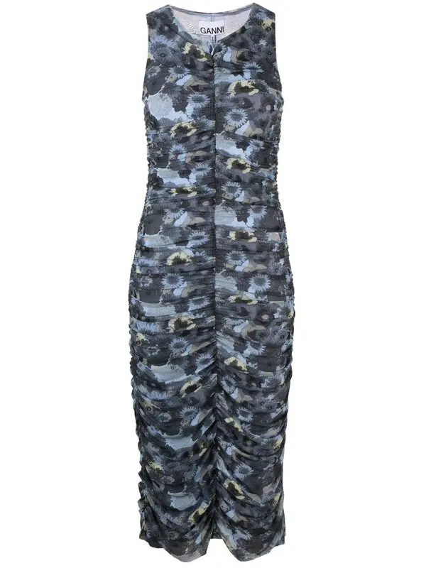 GANNI Floral-print Ruched Midi Dress - Blue