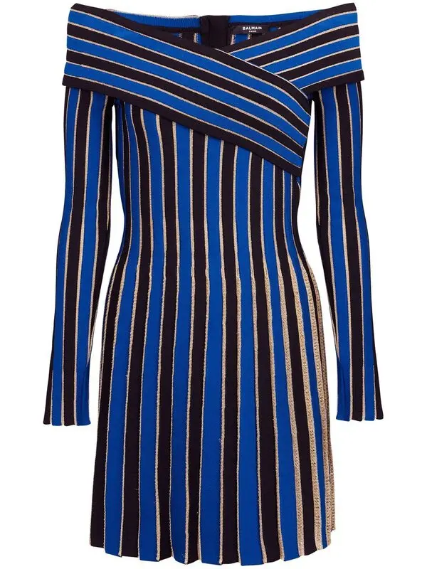 Balmain Striped Off-shoulder Mini Dress - Blue