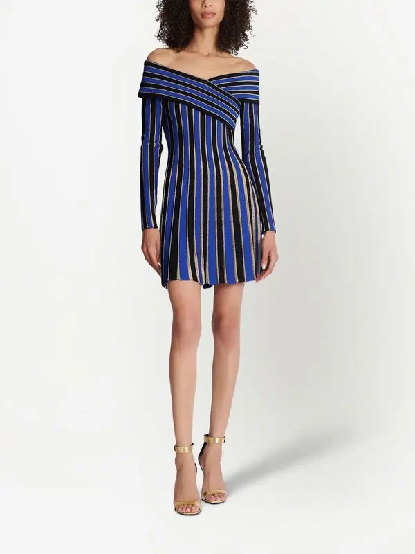 Balmain Striped Off-shoulder Mini Dress