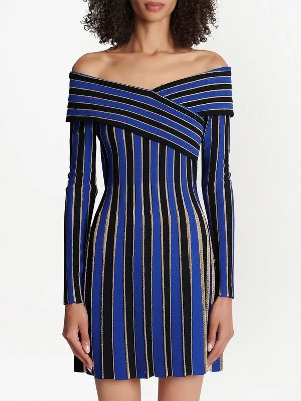 Balmain Striped Off-shoulder Mini Dress