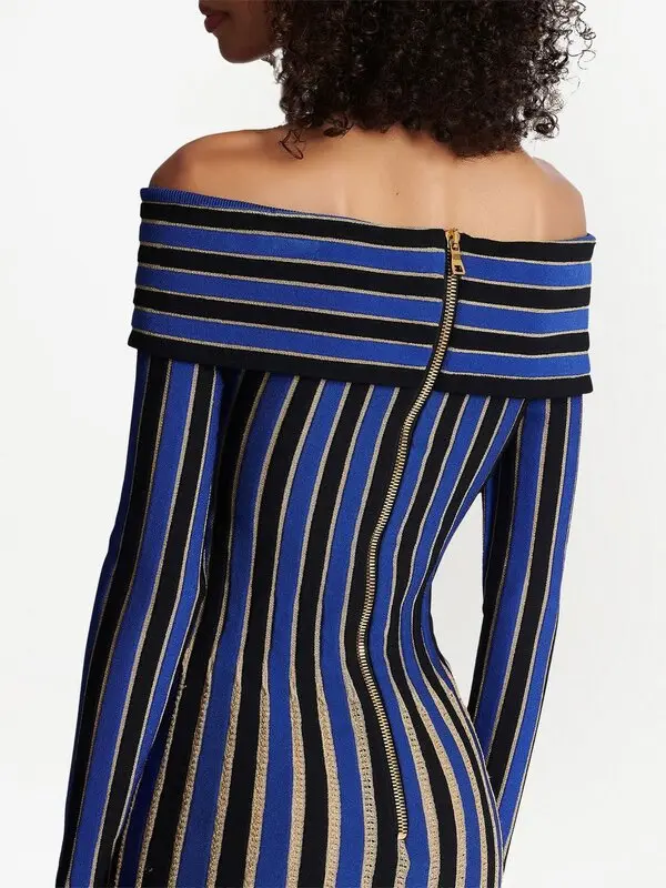 Balmain Striped Off-shoulder Mini Dress