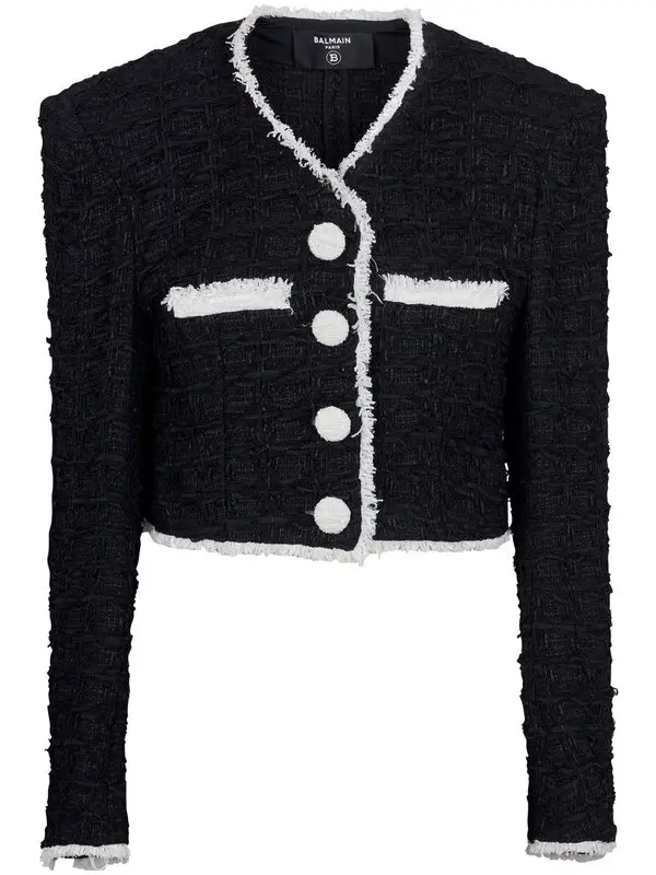 Balmain V-neck Cropped Tweed Jacket - Black