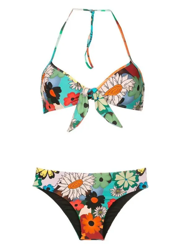 AMIR SLAMA Floral-print Halterneck Bikini - Black