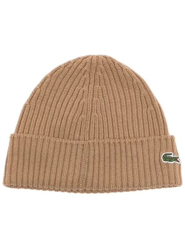 Lacoste Logo-patch Ribbed-knit Beanie - Brown