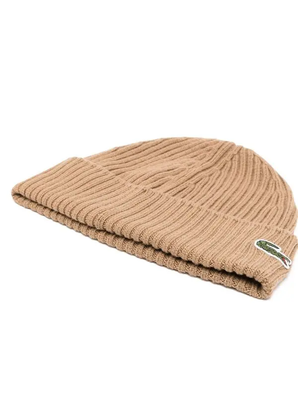 Lacoste Logo-patch Ribbed-knit Beanie - Brown
