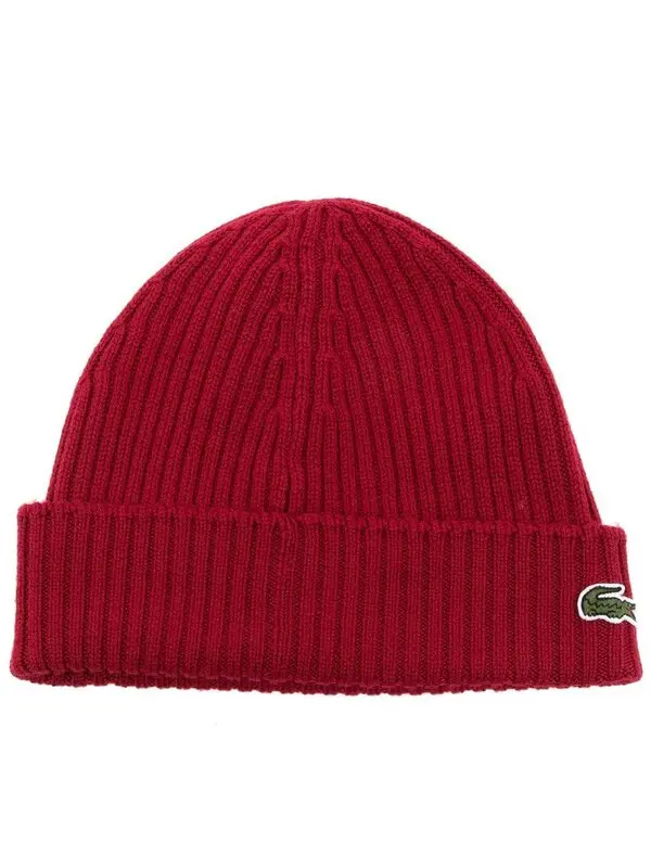 Lacoste Ribbed Knit Logo Beanie - Red