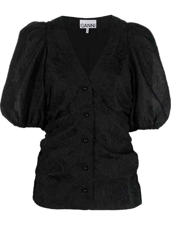 GANNI Puff-sleeve Jacquard Blouse