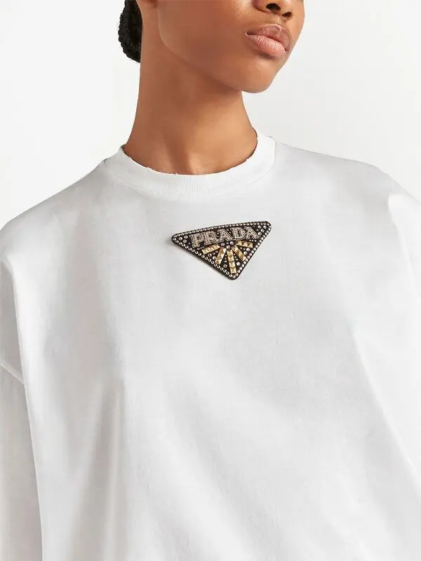 Prada Logo-Embroidered Jersey T-Shirt - White | Editorialist