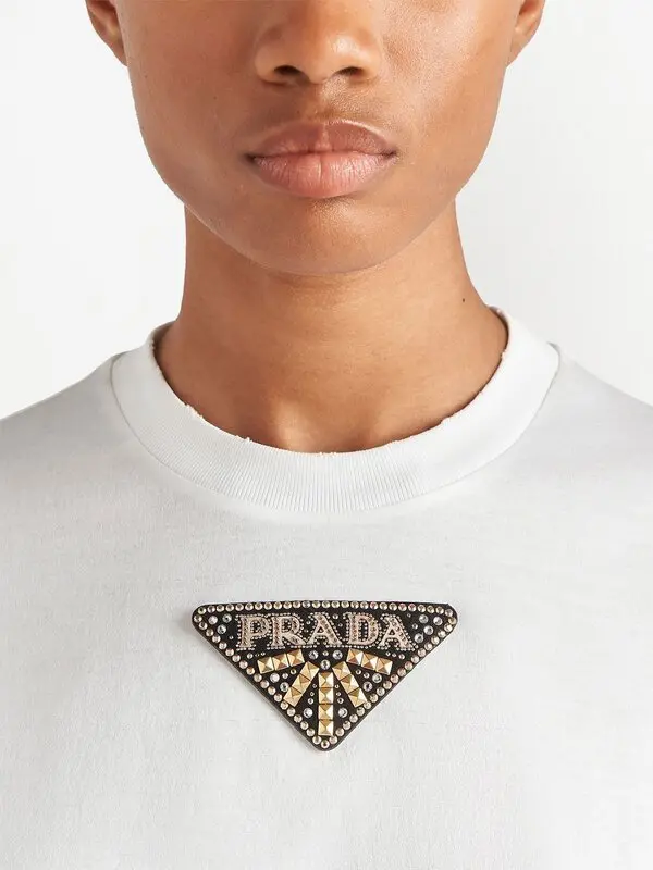 Prada Logo-Embroidered Jersey T-Shirt - White | Editorialist