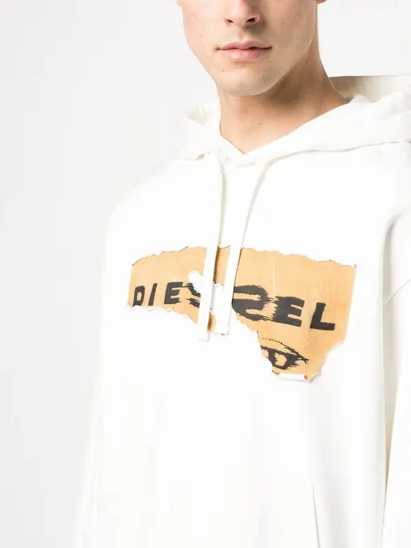 DIESEL® Ripped Logo Print Hoodie - White