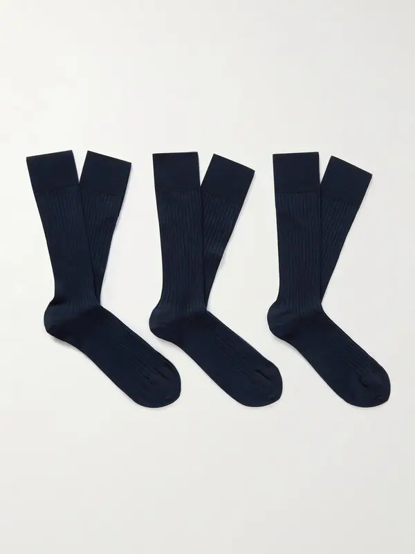 Nn07 Three-pack Ribbed Cotton-blend Socks - Blue