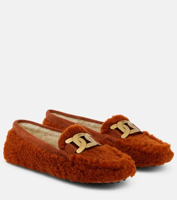 TOD'S Embellished Shearling Loafers - Brown