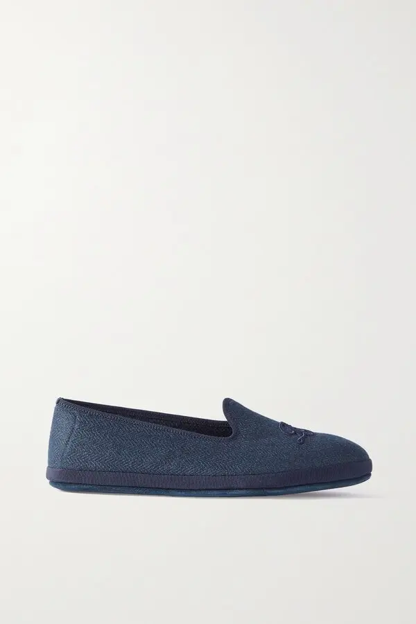Loro Piana Venice Embroidered Herringbone Cashmere Slippers