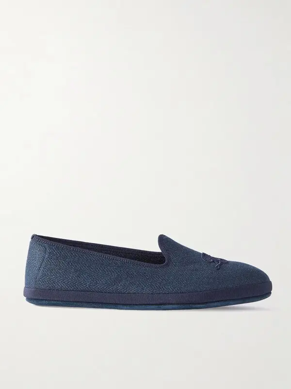 Loro Piana Venice Embroidered Herringbone Cashmere Slippers - Blue
