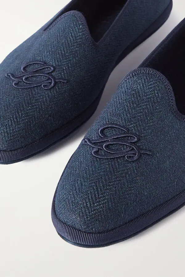 Loro Piana Venice Embroidered Herringbone Cashmere Slippers