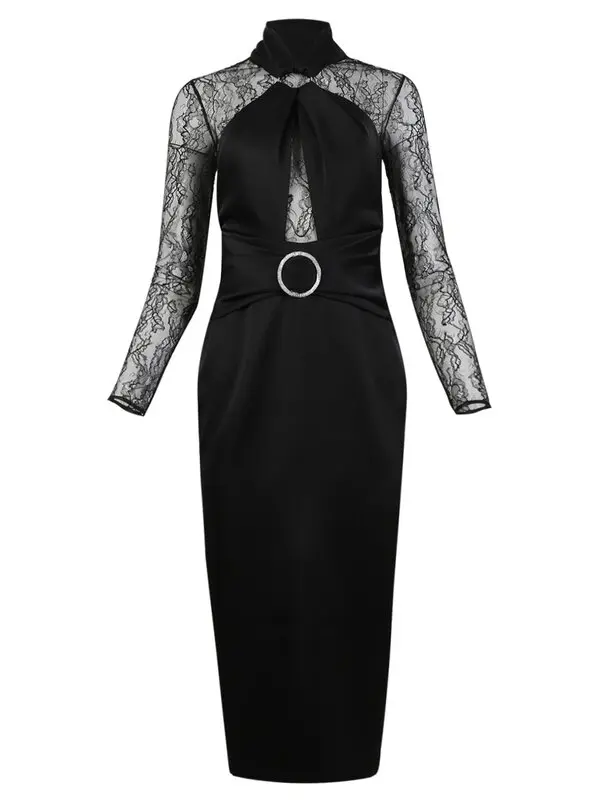 RASARIO Draped Satin Lace Midi Dress With Buckle And Ring - Black