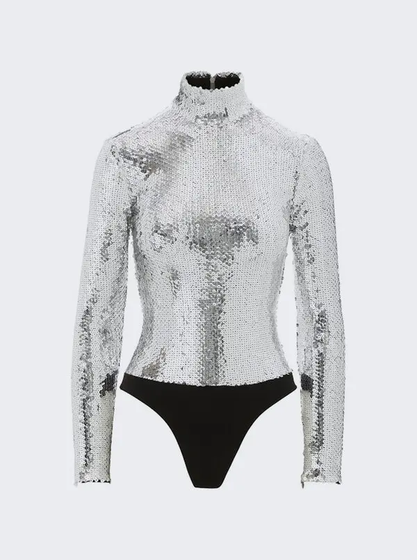 Brandon Maxwell Long Sleeve Sequin Bodysuit - Silver