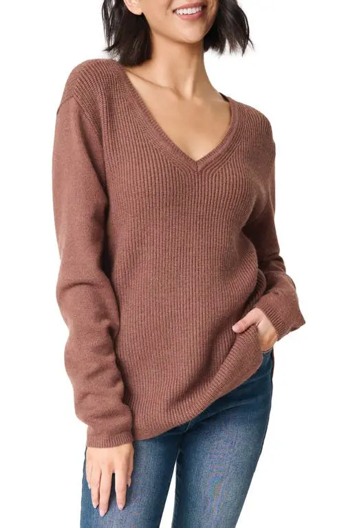 GIBSONLOOK V-neck Long Sleeve Ribbed Sweater - Cinnamon