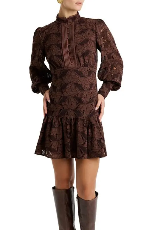 Bardot Remy Long Sleeve Lace Mini Dress - Chocolate