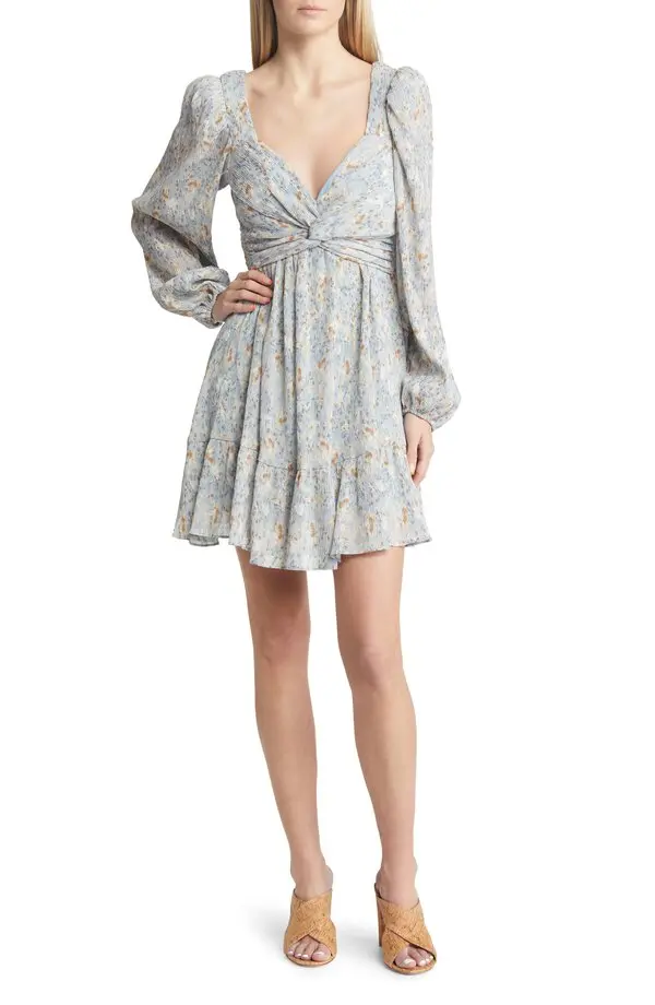 Floret Studios Floral Print Long Sleeve Pliss Fit & Flare Dress In Blue  Ditsy - 55% Off | Editorialist