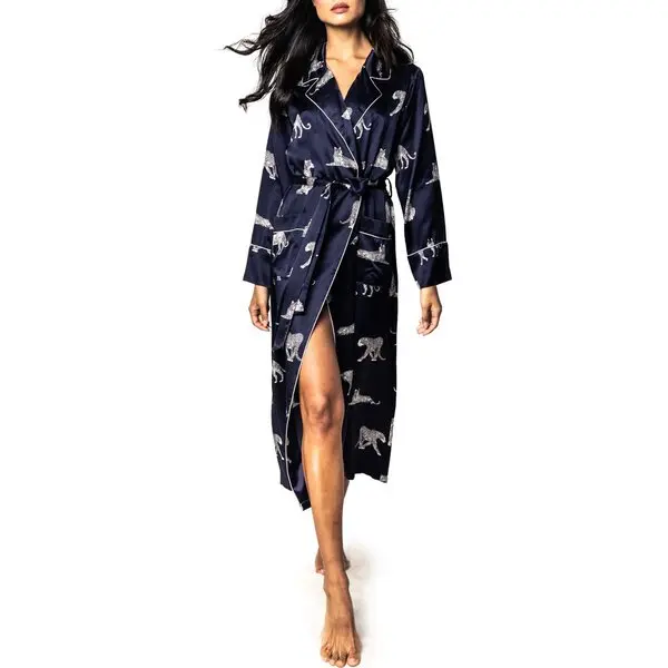 PETITE PLUME Panthre De Nuit Piped Silk Robe - Navy