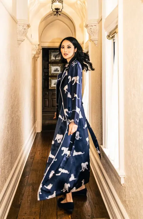 PETITE PLUME Panthre De Nuit Piped Silk Robe